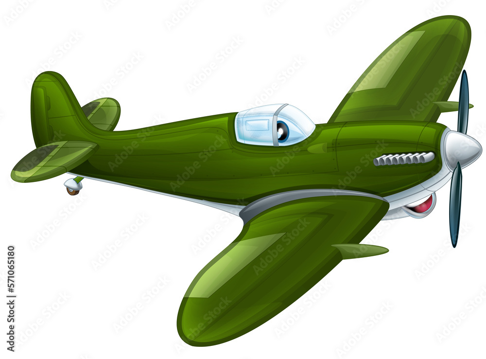 cartoon traditional military plane with propeller flying and smiling ...