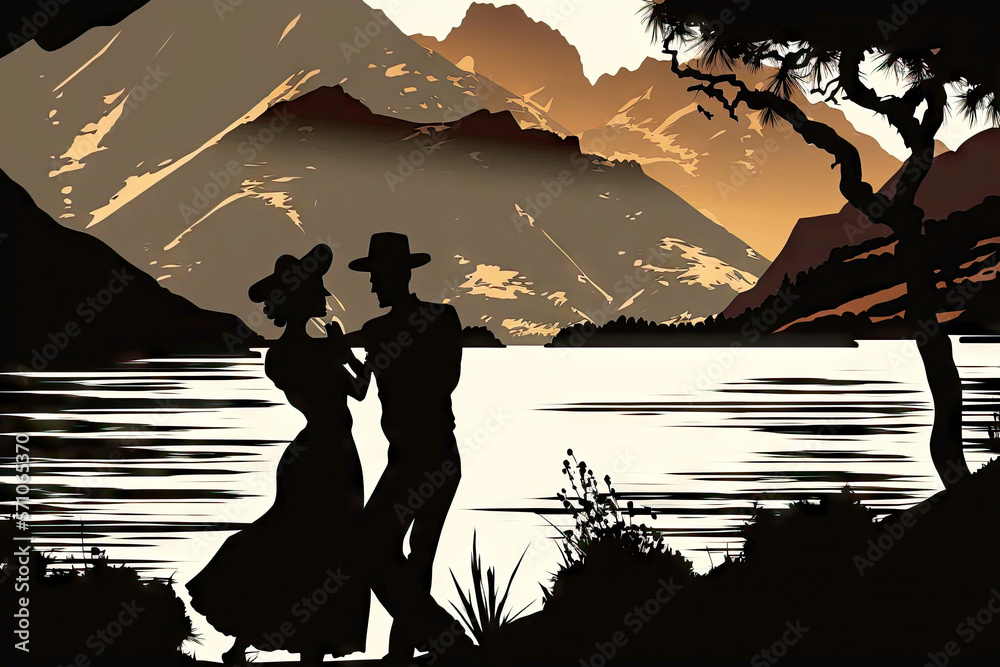 argentine tango dancers couple silhouette in nature against backdrop of ...