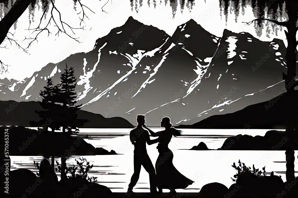argentine tango dancers couple silhouette in nature against backdrop of ...
