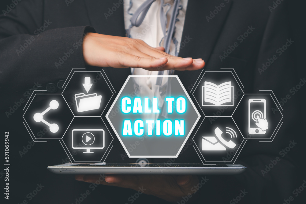 Call to action concept, Person hand holding digital tablet with call to ...
