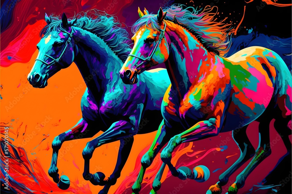 vivid abstract scene of horses running in a race in the style of Andy ...