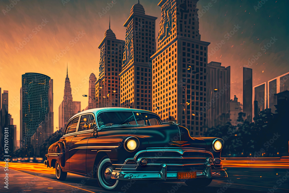 vintage car in modern city against backdrop of enormous skyscraper and ...