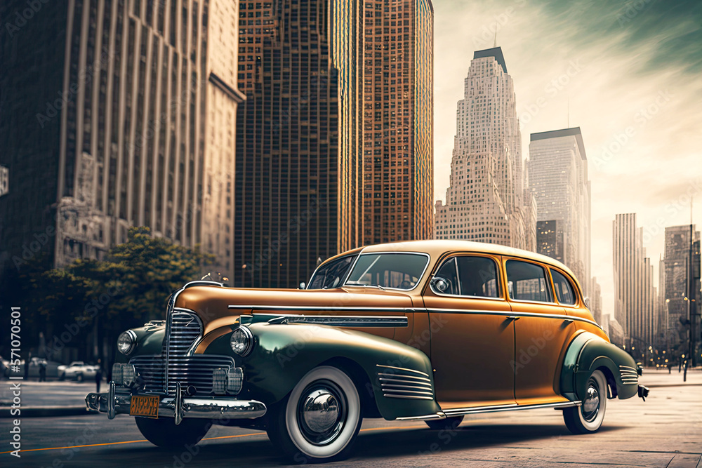 vintage car in modern city against backdrop of skyscrapers and high ...