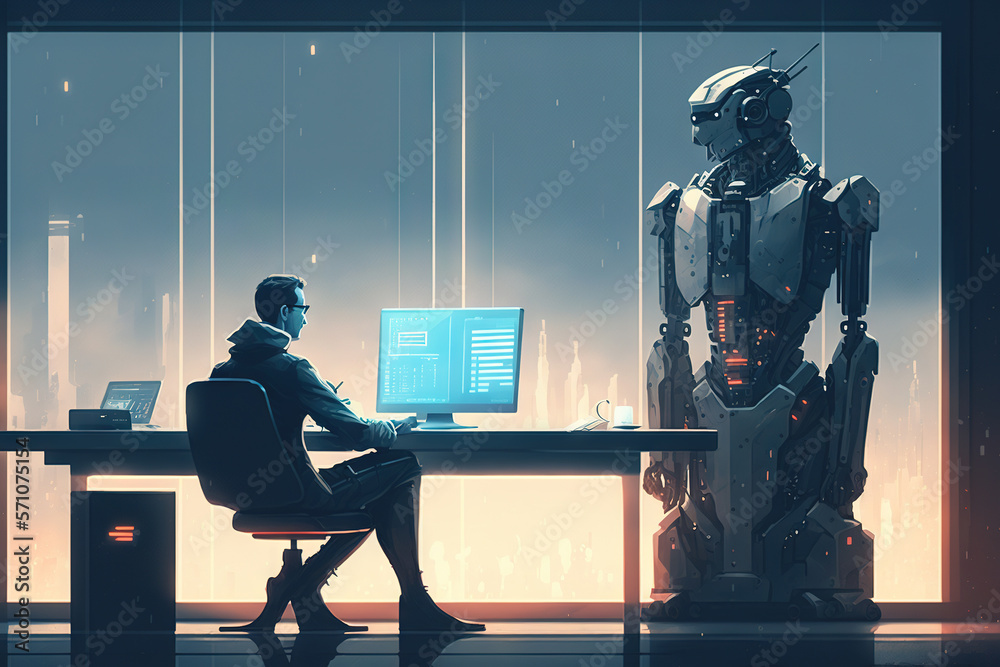 In a futuristic office setting, a highly advanced robot stands poised ...