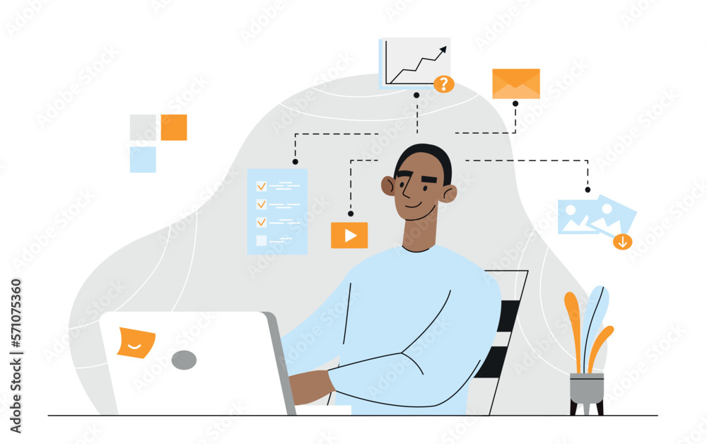 Multitasking man concept. Young guy sitting at laptop and working on ...