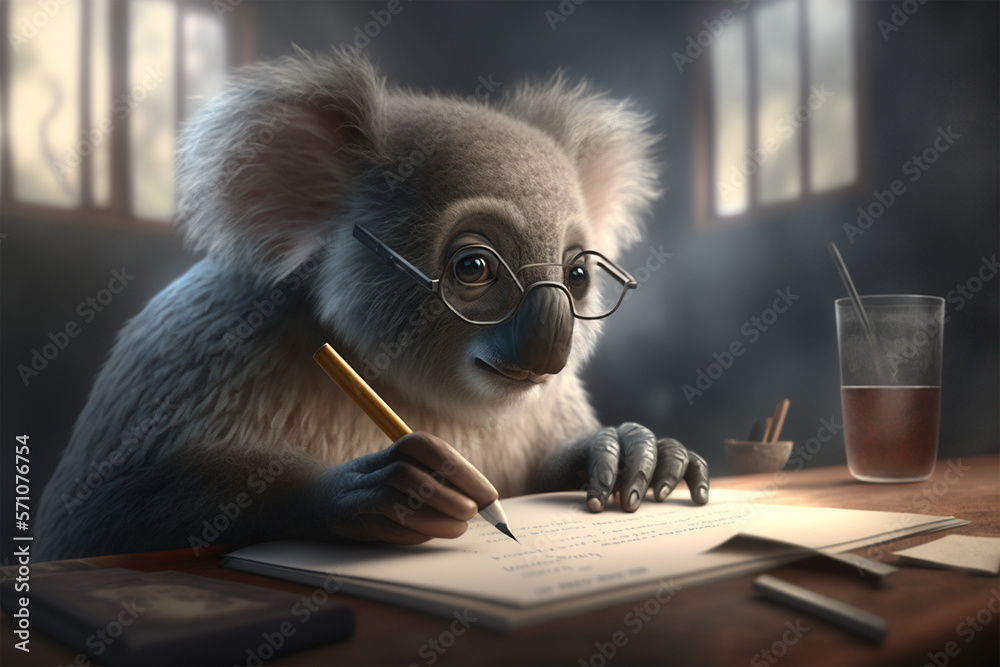 Elderly writer grandma koala writing a story for her grandchildren ...