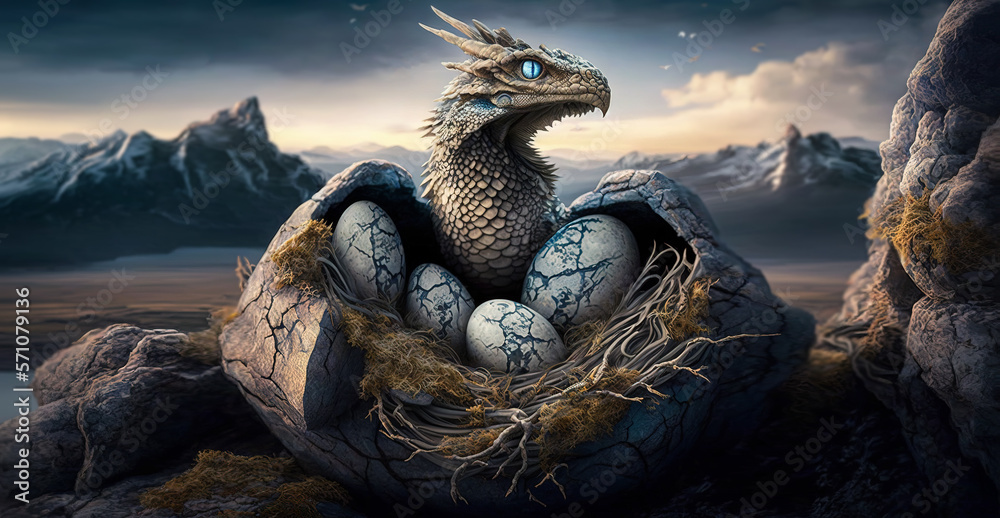 Nesting female dragon sitting on her nest, high up in the mountains ...