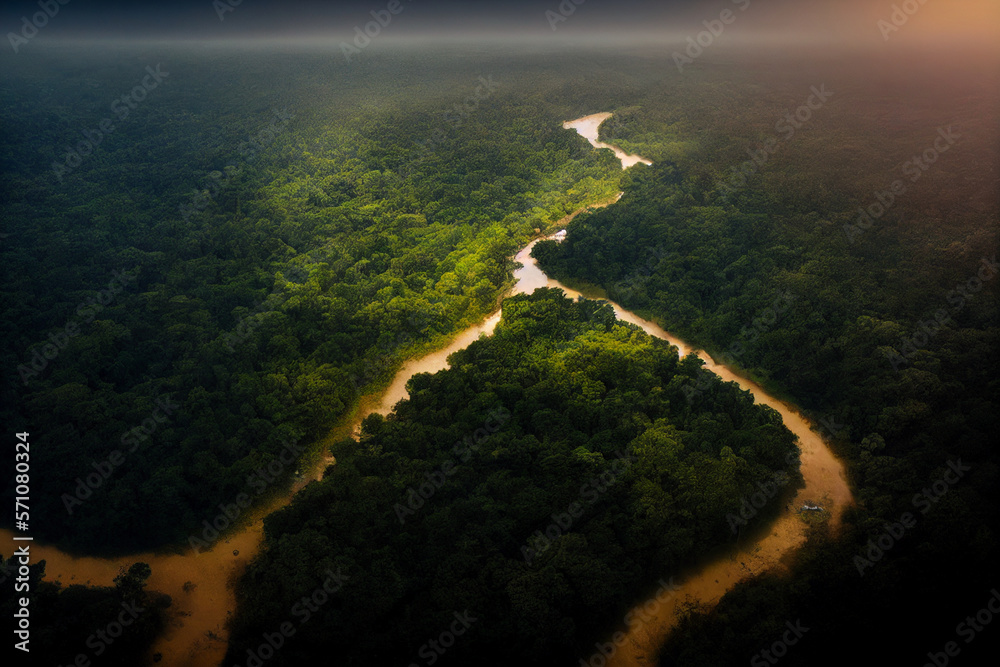 Aerial view of green forest and yellow river in the rainforest, summer ...