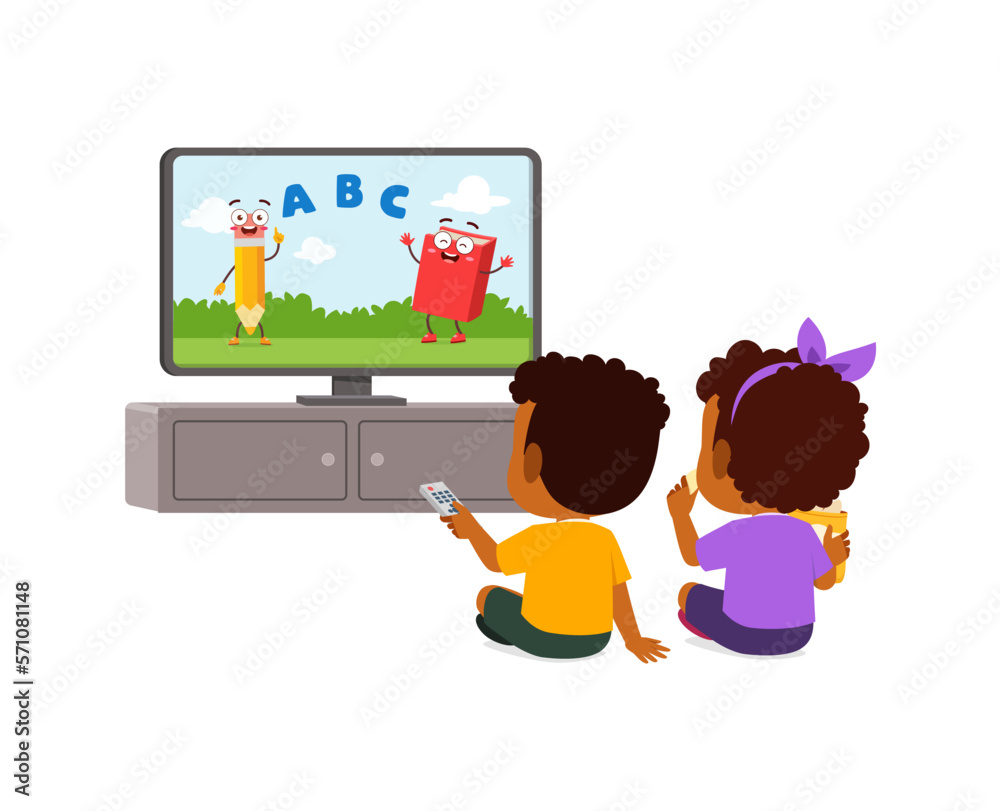 little kid watching television and feel happy Stock Vector | Adobe Stock