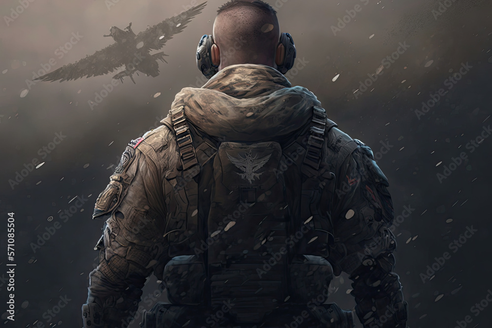 The fighter of the special unit turned and threateningly looks at the enemy. Back view. Mixed ...