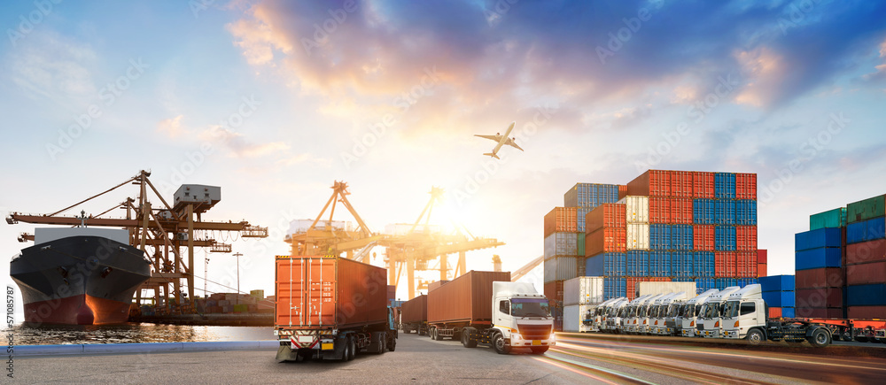 Container truck in ship port for business Logistics and transportation ...