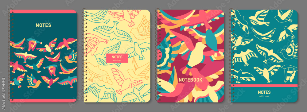 Abstract bird trendy notebook cover set. Exotic dove design for planner ...