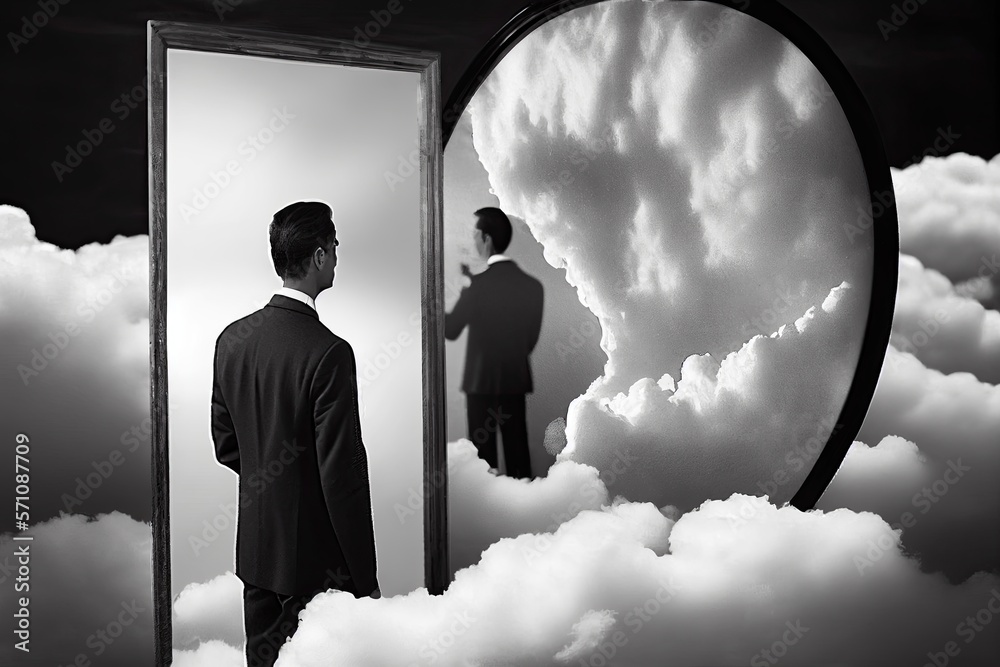 Abstract black and white illustration of a man in a suit looking at his ...