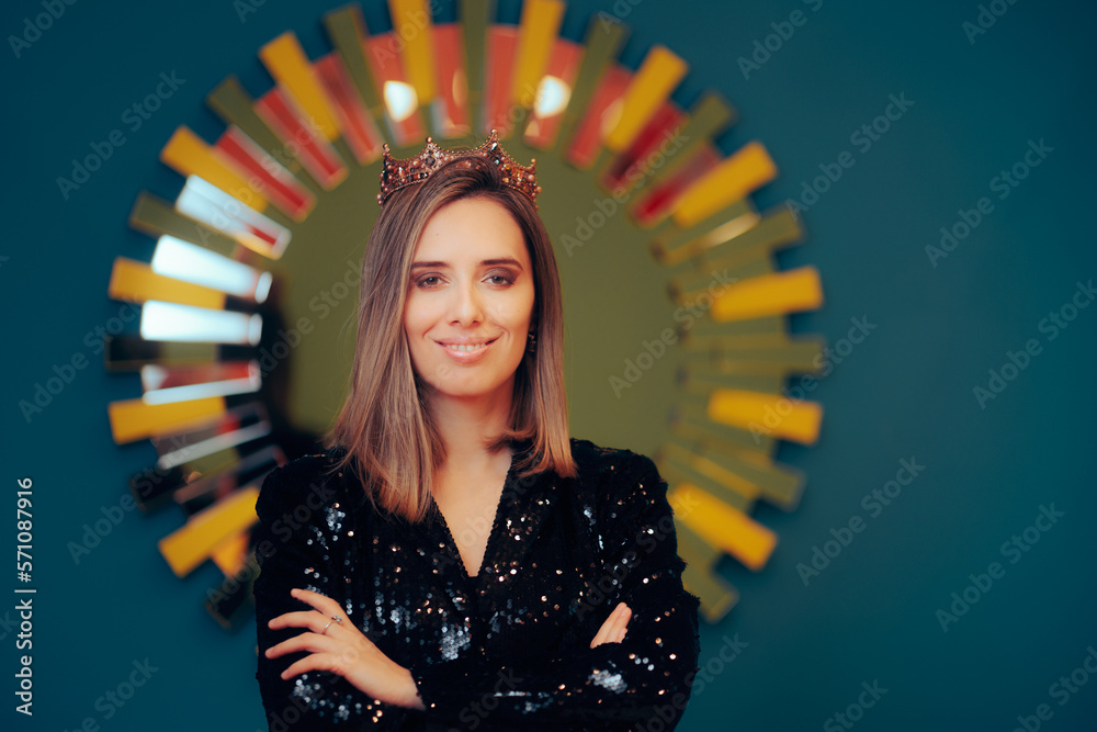 Woman Wearing Her Queen Crown in Front of a Magical Mirror. Confident ...
