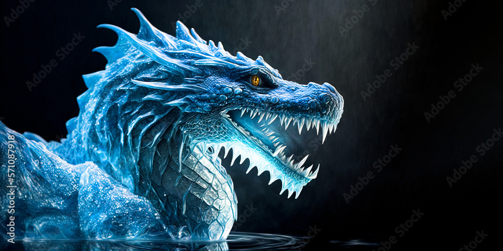 Beautiful blue Ice dragon, ice and fire close up head shot of mythical fantasy creature with ...
