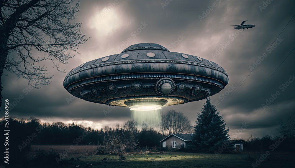 UFO hovering over a farm house. Beam me up. Alien abduction. Stock ...