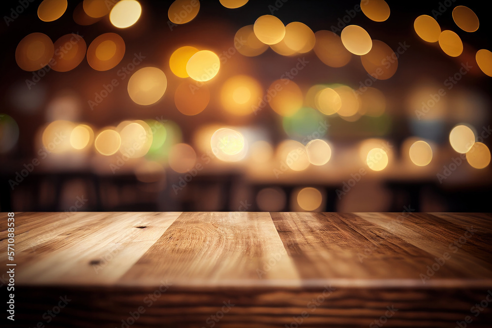 Wooden Table Side view, Restaurant Decor, product placement, bokeh ...