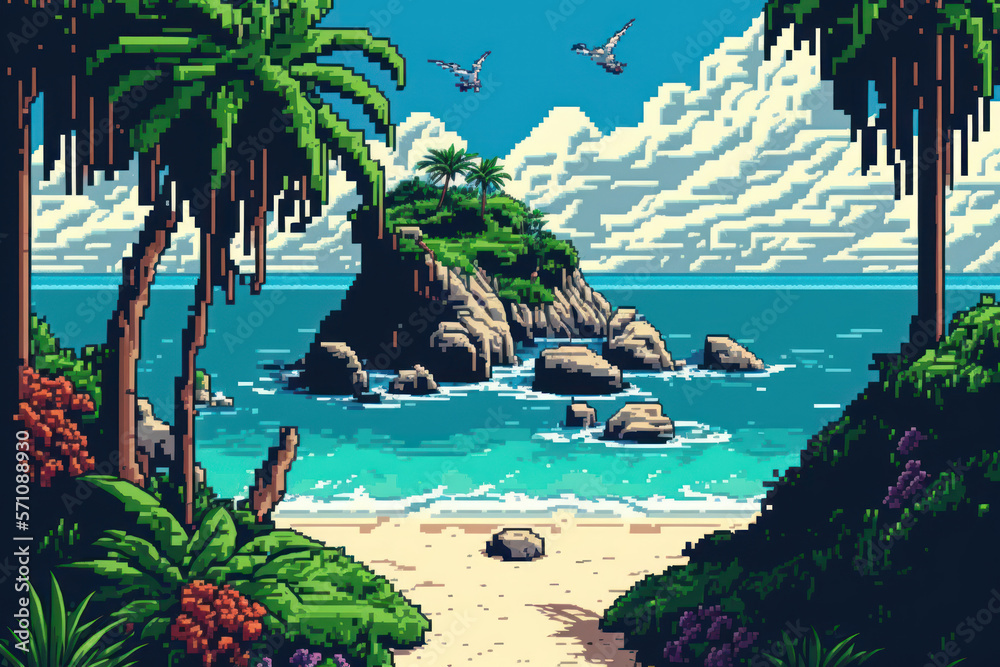 Pixel art of tropical beach abstract background. Summer vacation and ...