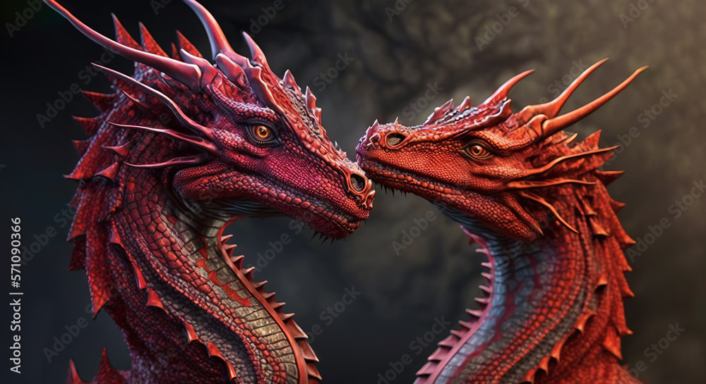 Head of dragon, Beautiful pair of bonded red nesting dragons close up ...