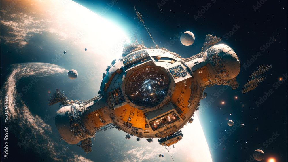 Futuristic spaceship in space, realistic. Science fiction background ...