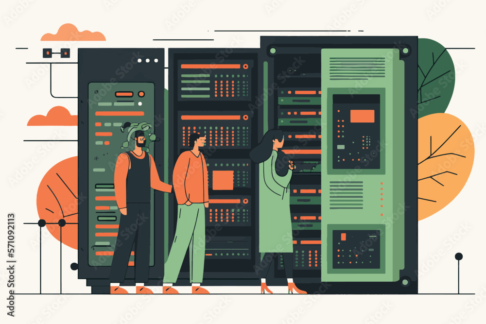 2d flat illustration, Male IT Specialist holds laptop and talks with ...