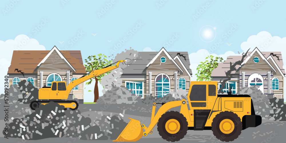 Excavator is moving rubble after the earthquake. Stock Vector | Adobe Stock