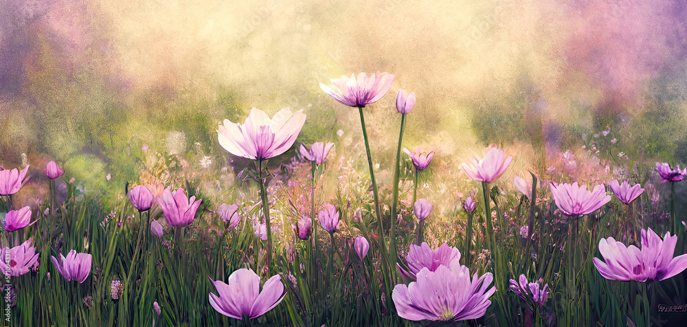 Beautiful summer field filled with vibrant and colorful violet and ...