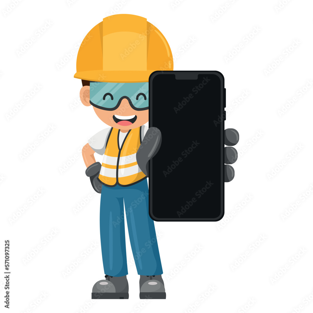 Industrial worker with his personal protective equipment with mobile phone. Industrial safety ...
