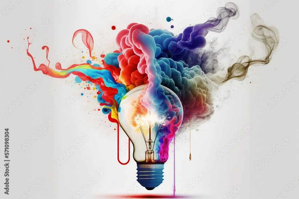 Creativity light bulb with colorful brain inside and exploding creative ...