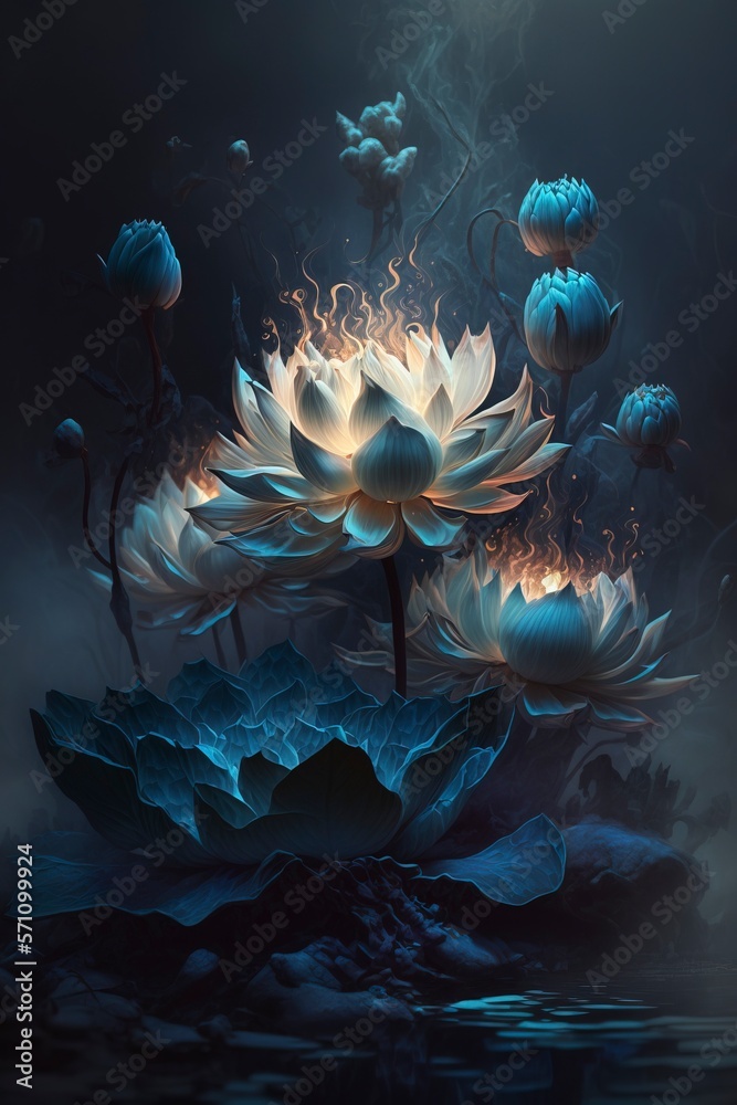 Blue and white lotus blooms in flames, lightning with Generative AI ...
