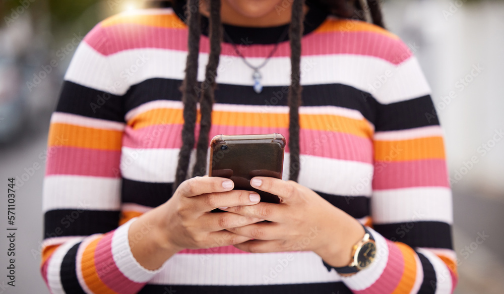 Closeup, hands and black woman with smartphone, city and typing for ...