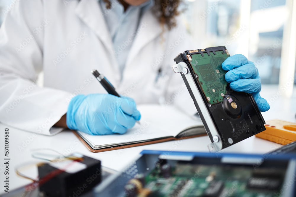 Hands, technician and motherboard from computer, laptop or pc in cyber ...