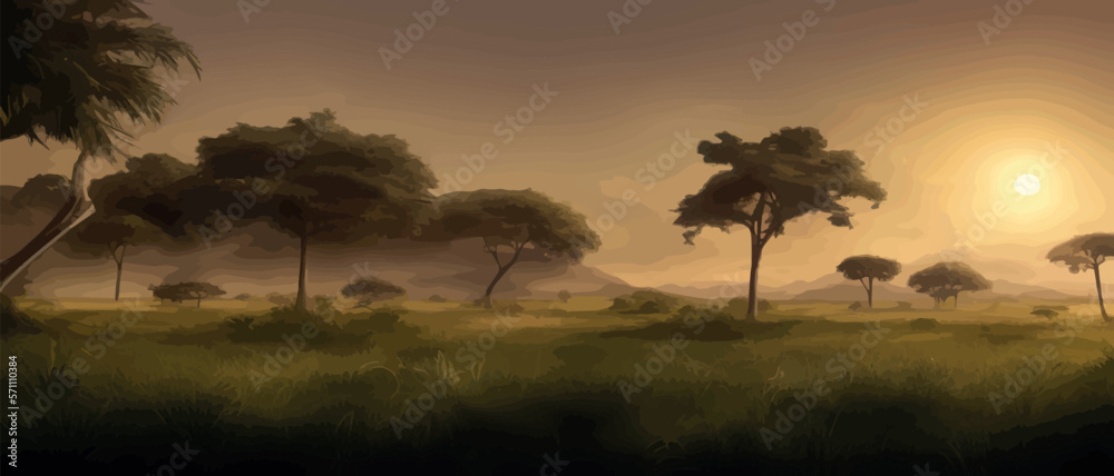 African savanna. Grass, acacia trees and river. Realistic vector ...