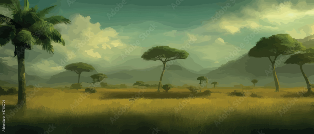 African savanna. Grass, acacia trees and river. Realistic vector ...