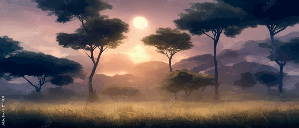 African savanna. Grass, acacia trees and river. Realistic vector ...