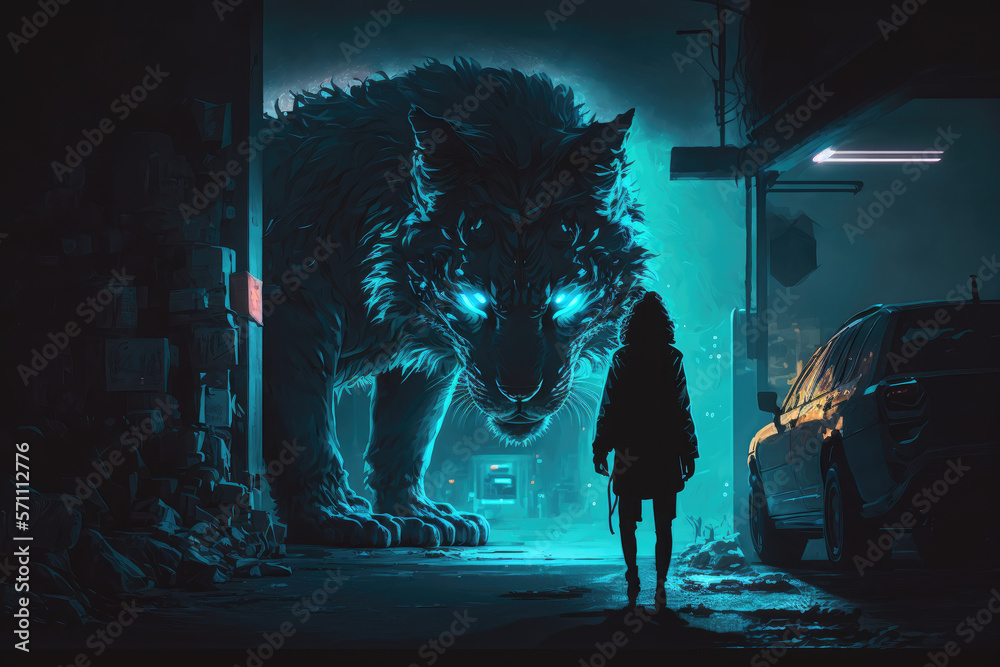 The Giant Spirit Tiger Stalks the Hero, digital art style Stock ...