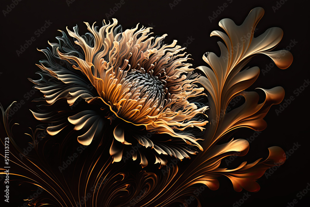 fractal flowers golden and black liquid marble background. Resin geode ...
