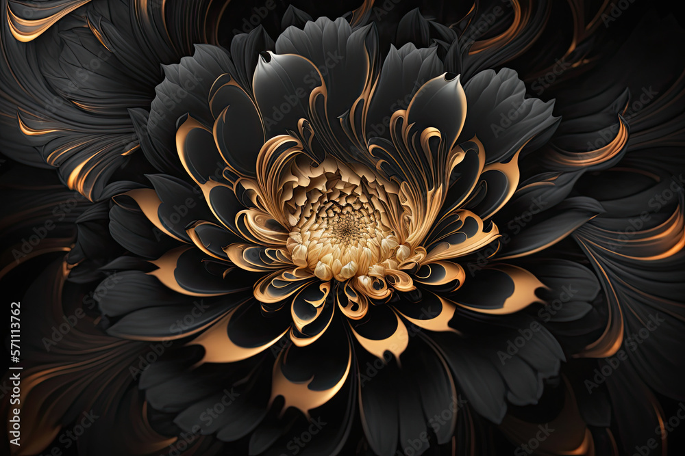 fractal flowers golden and black liquid marble background. Resin geode ...