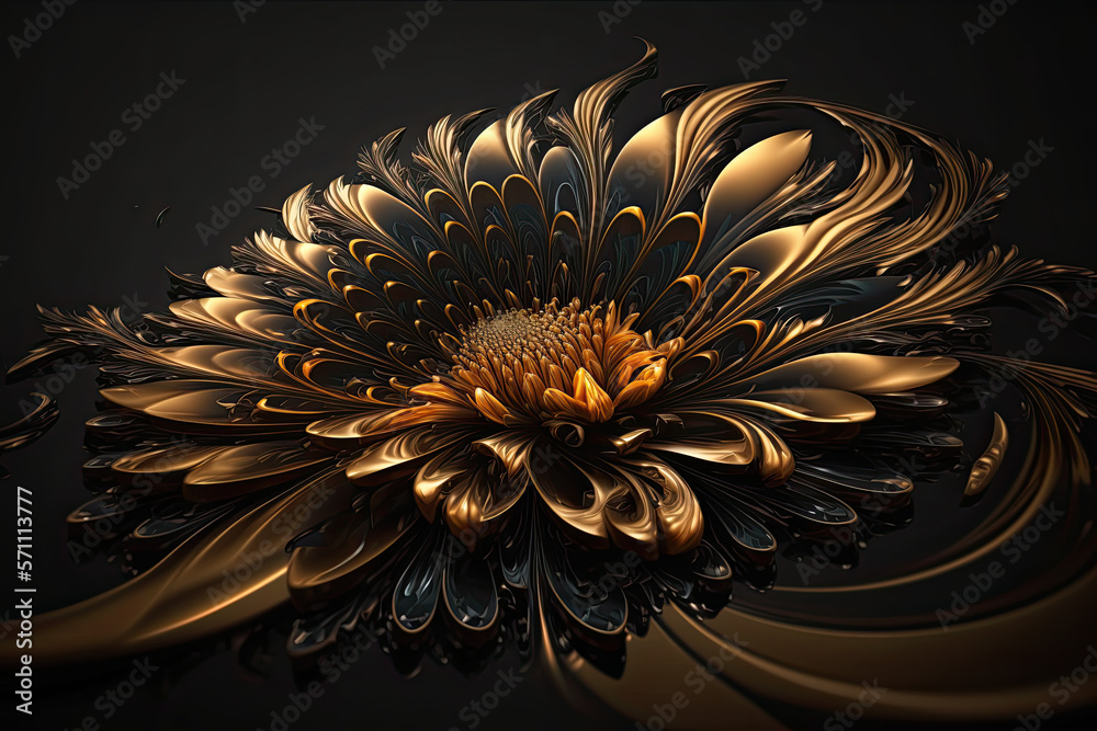 fractal flowers golden and black liquid marble background. Resin geode ...
