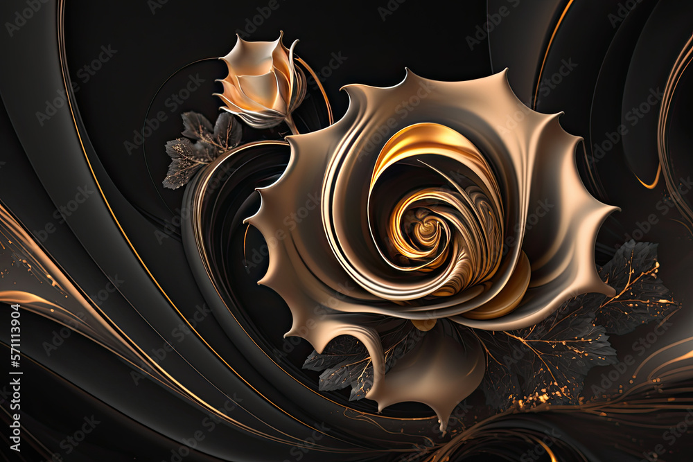 fractal flowers golden and black liquid marble background. Resin geode ...