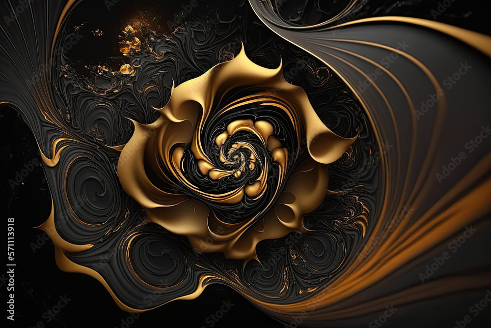 fractal flowers golden and black liquid marble background. Resin geode ...
