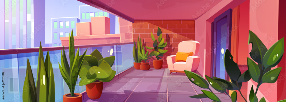 Homey interior of balcony with garden and furniture for lounge. Summer ...