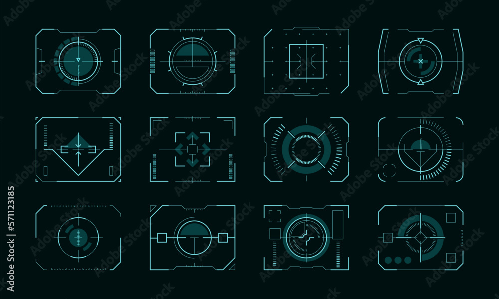 Target frame hud ui. Futuristic aim pointers with control panel borders, sci-fi screen display ...