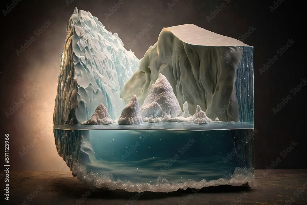 crystal Ice berg effect, 3d art style on sea and black background, for ...