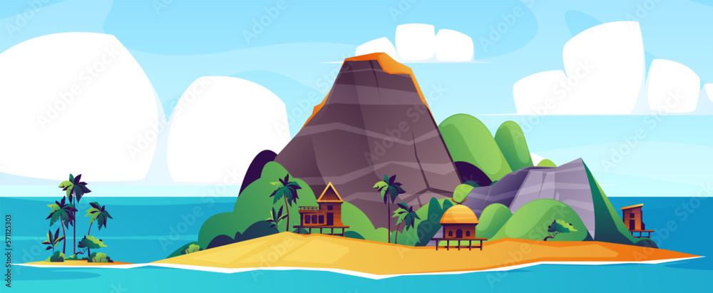 Tropical island background. Sea beach landscape with sand mountain palm ...