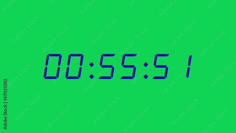 6-digits 60 seconds (1 minute) digital clock countdown timer. Navy blue color on Green Screen ...