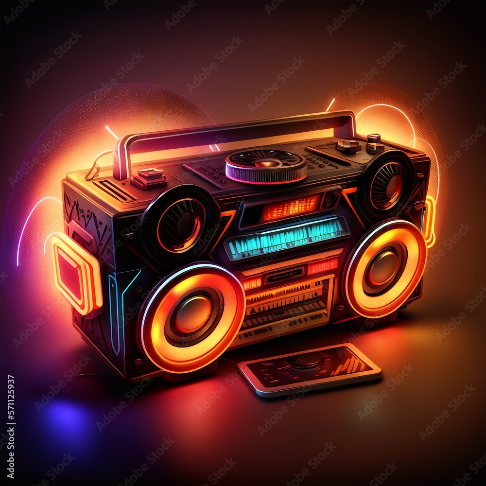 Retro neon boombox created with AI Stock Illustration | Adobe Stock