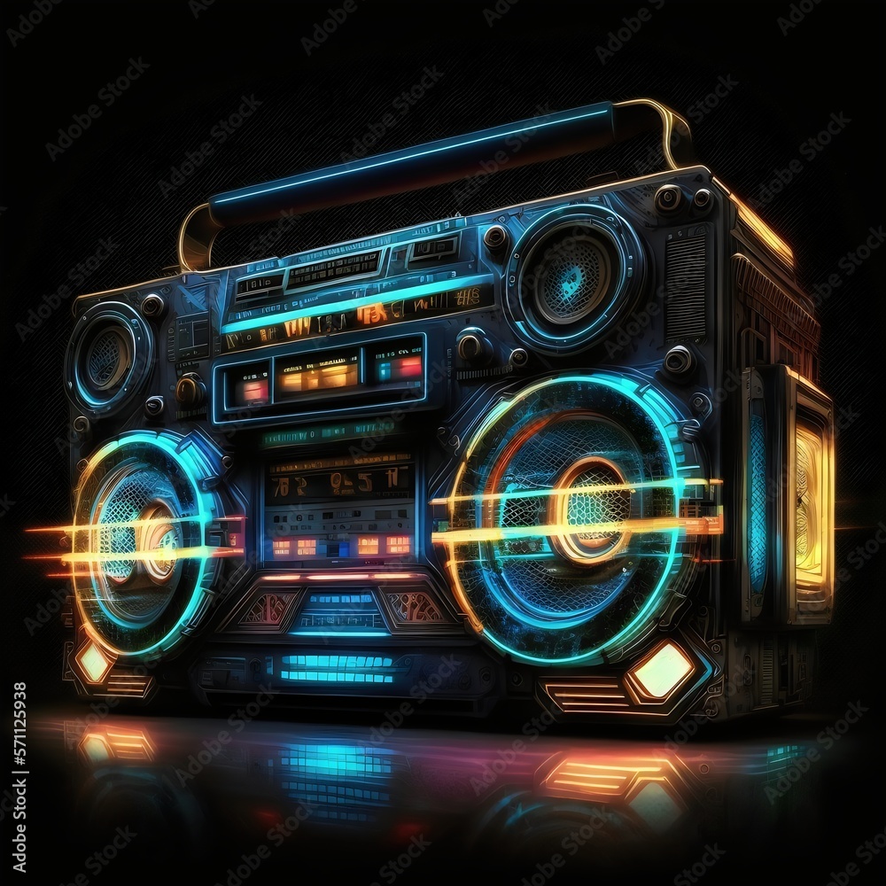 Retro neon boombox created with AI Stock Illustration | Adobe Stock