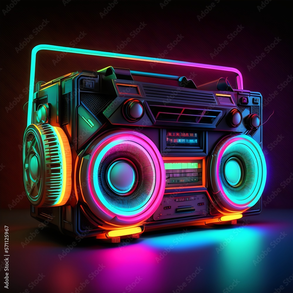 Retro neon boombox created with AI Stock Illustration | Adobe Stock