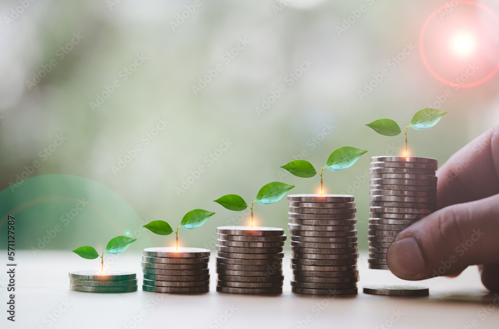 Stacking of money coins with plants growing on top and hand put a one ...